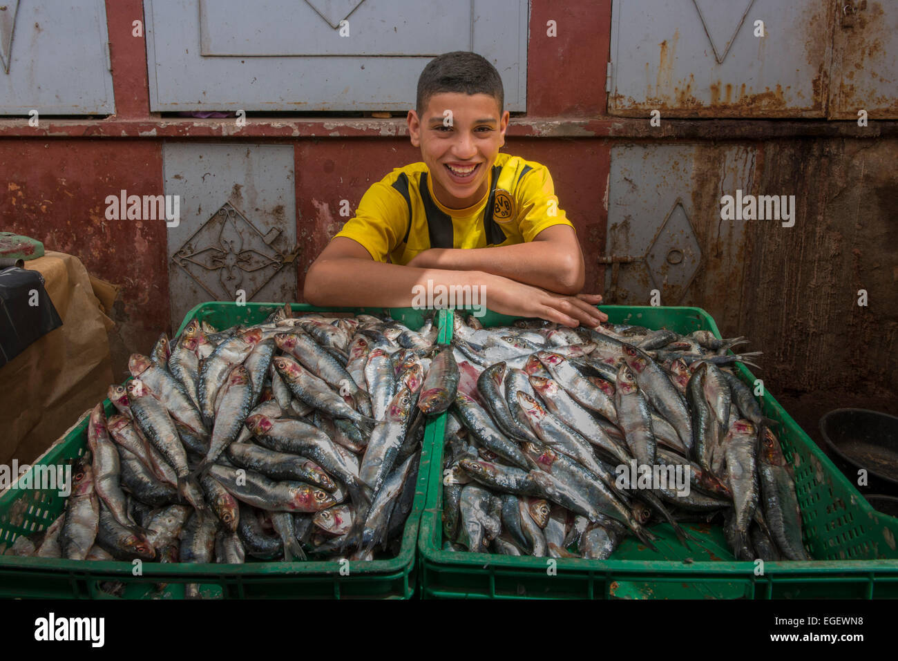 Boy Selling Fish, Market Day, Asni Stock Photo - Alamy