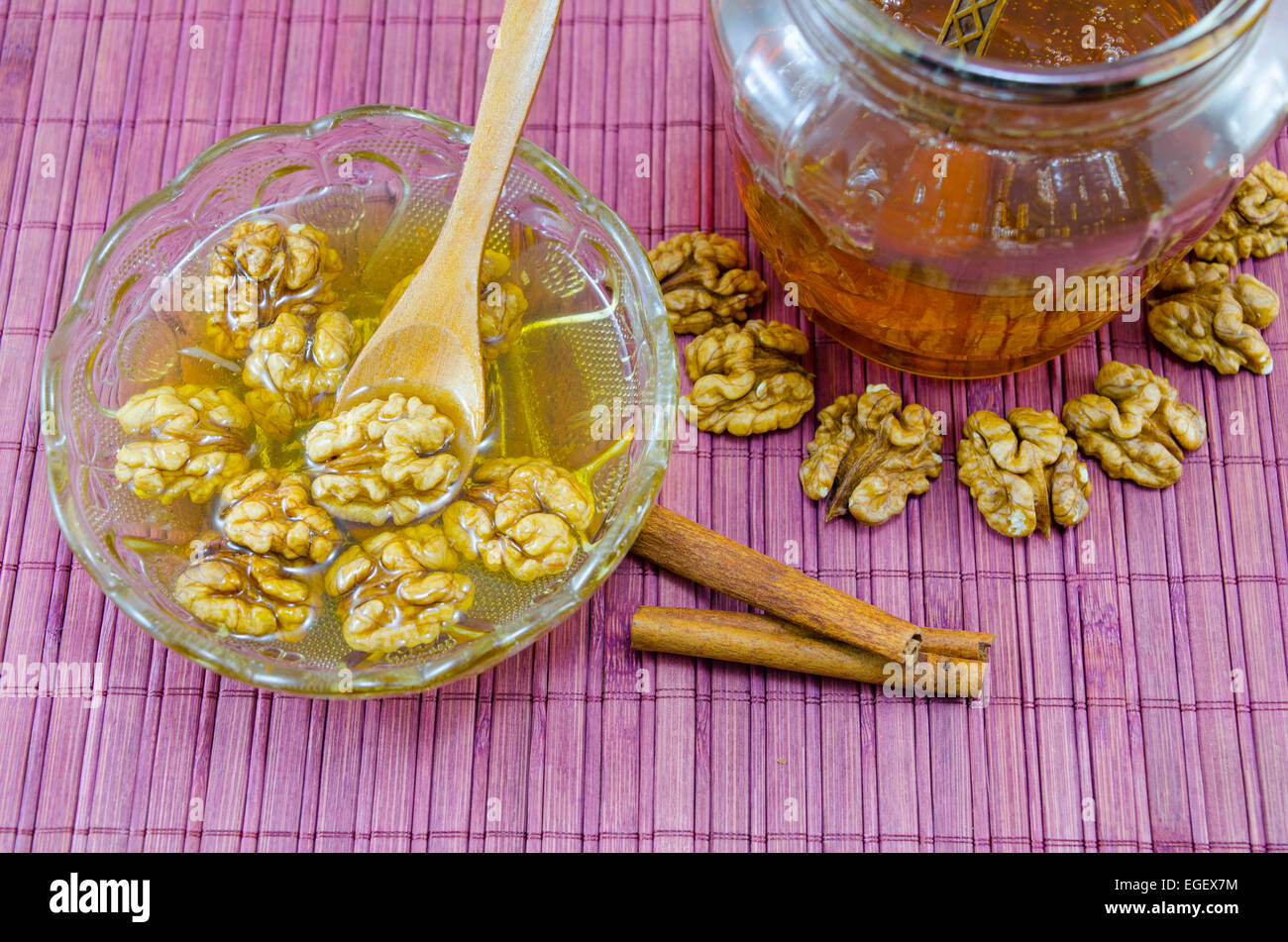 Walnuts honey and cinnamon in a jar on a wooden table Stock Photo - Alamy