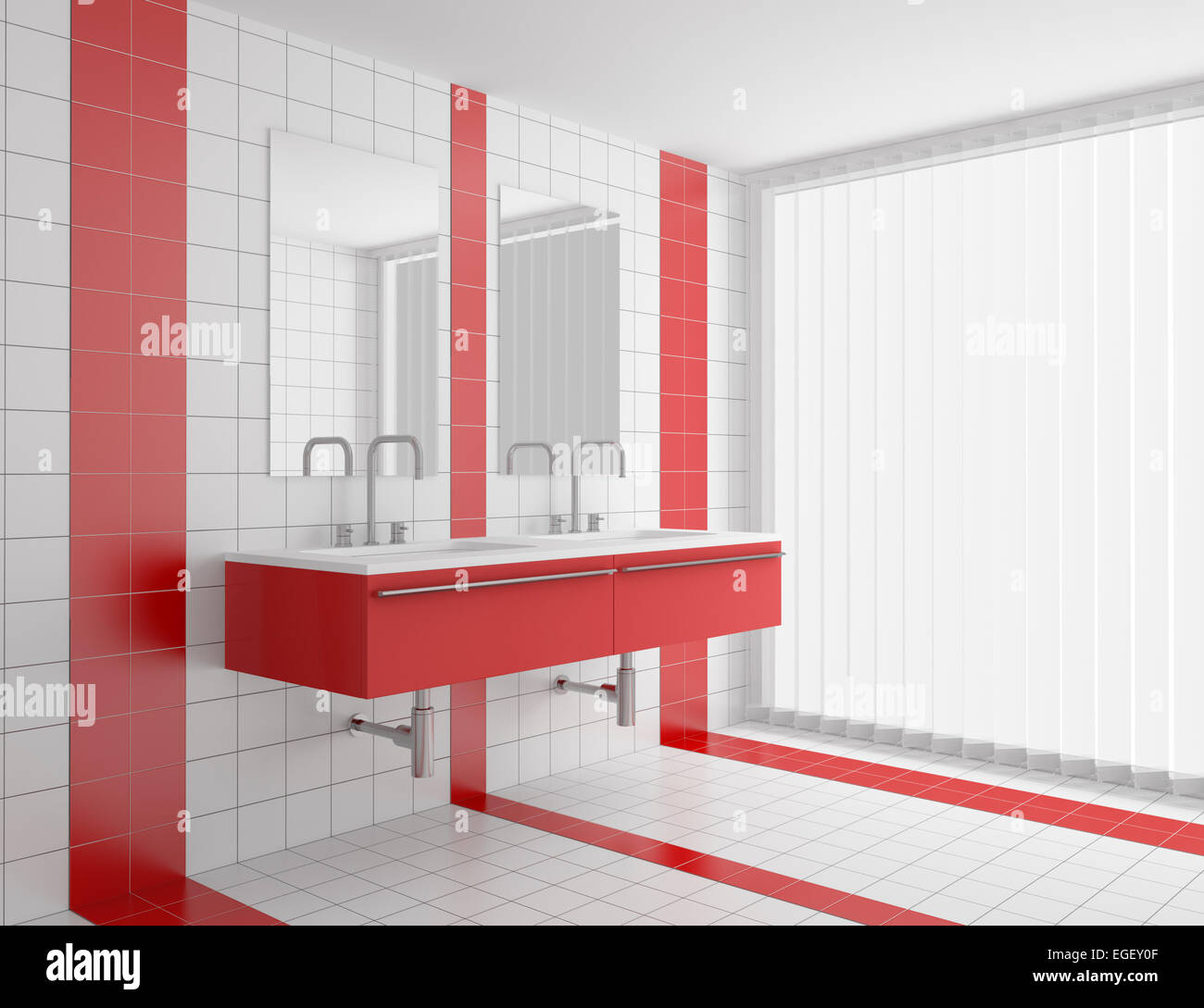 modern bathroom with red and white tiles on wall and floor Stock Photo ...