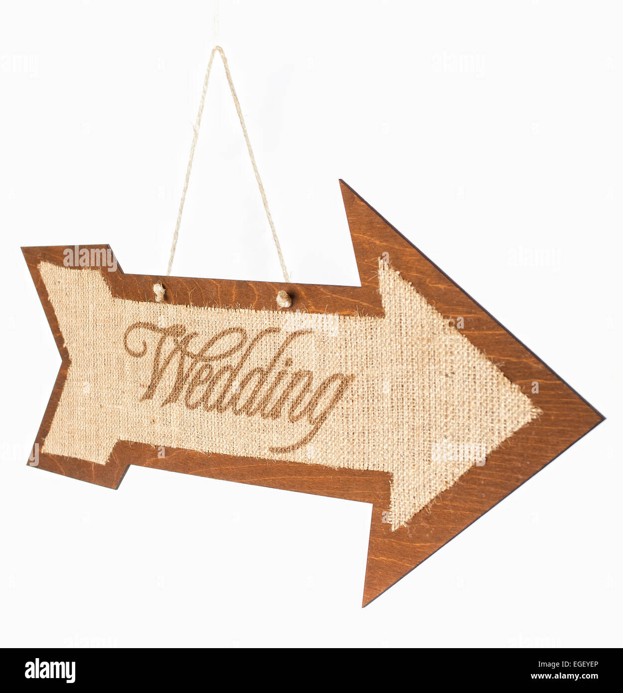 Burlap wedding sign arrow on the wood Stock Photo - Alamy