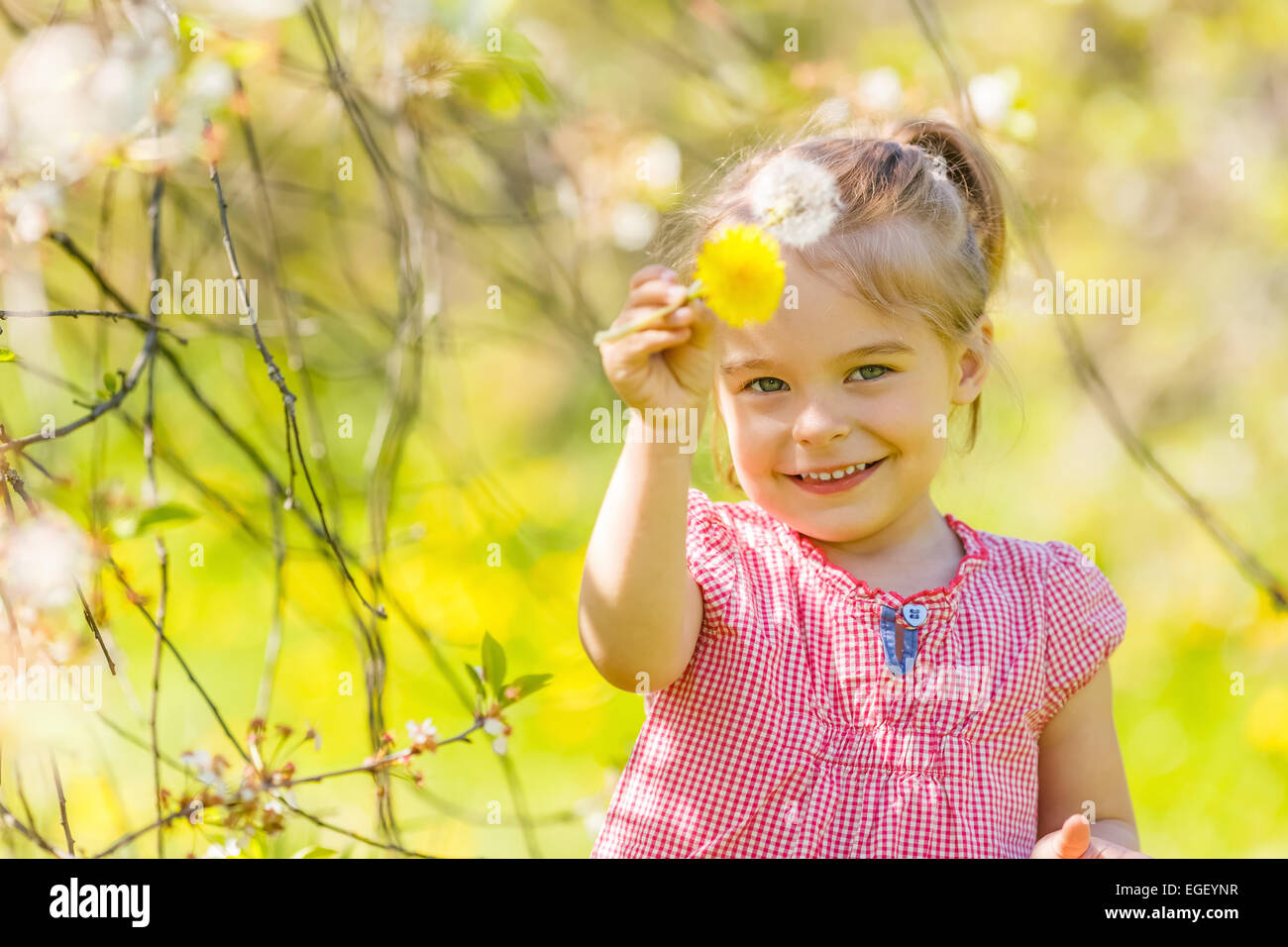Happy little girl in spring sunny park Stock Photo - Alamy