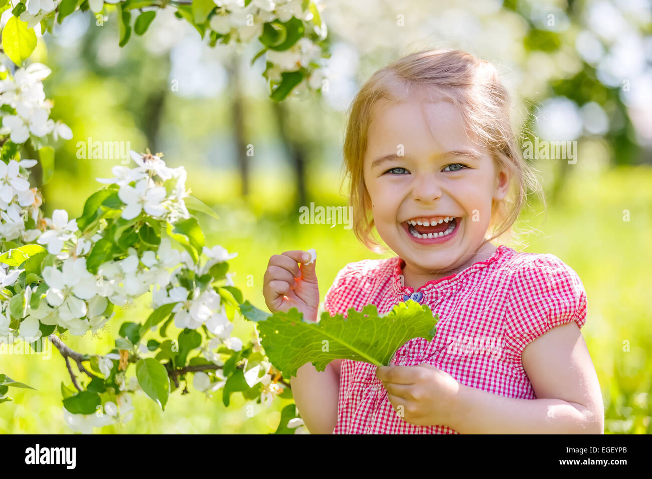 Happy little girl in spring sunny park Stock Photo - Alamy
