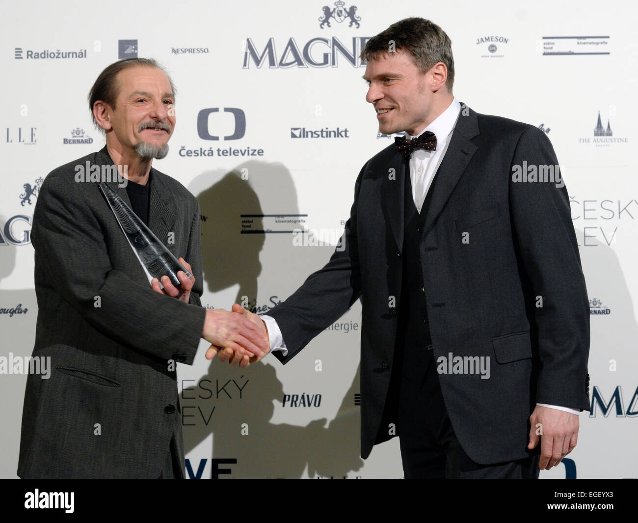 Miroslav Janek (left) poses with Cesky lev (Czech Lion) annual award ...