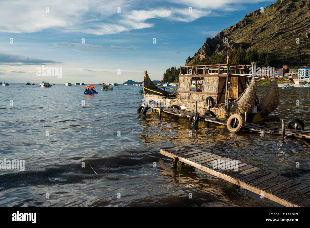 Traditional Reed boat moored on Lake Titicaca, Copacabana, Lake ...