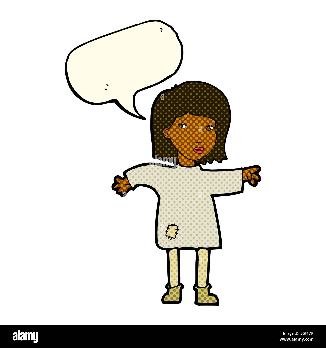 cartoon woman in patched clothing with speech bubble Stock Vector Image ...