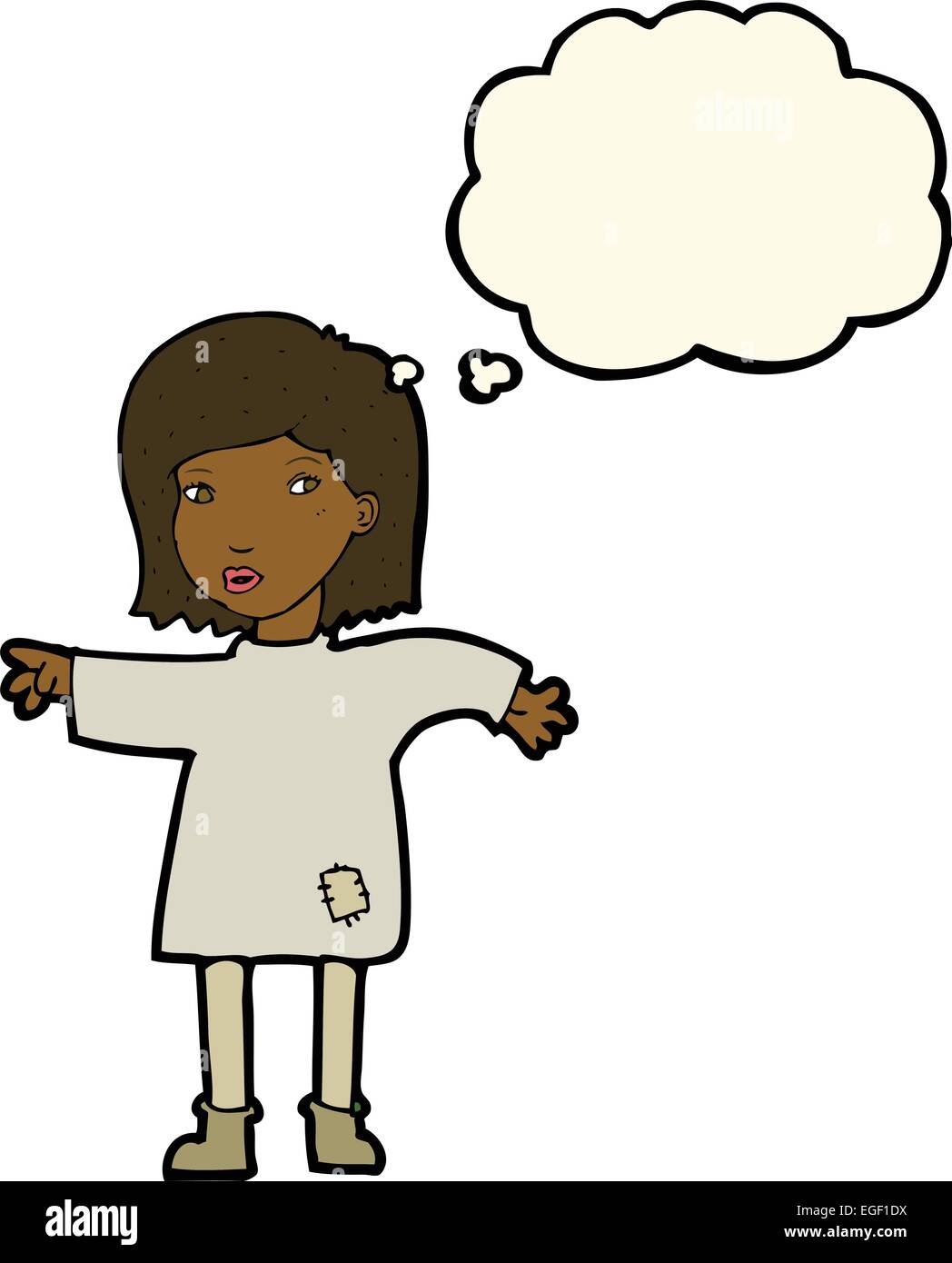 cartoon woman in patched clothing with thought bubble Stock Vector ...