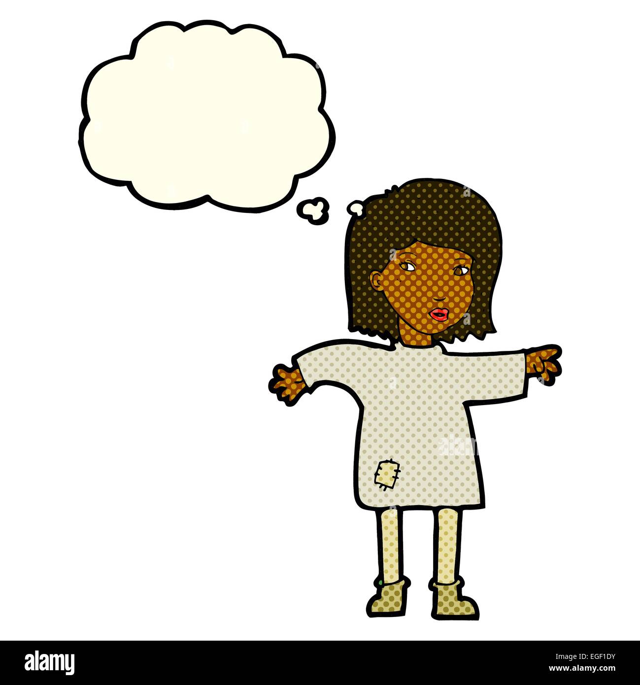cartoon woman in patched clothing with thought bubble Stock Vector ...