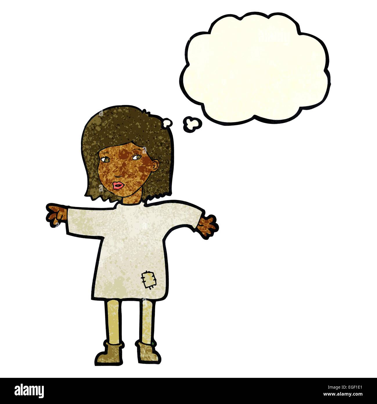 cartoon woman in patched clothing with thought bubble Stock Vector ...
