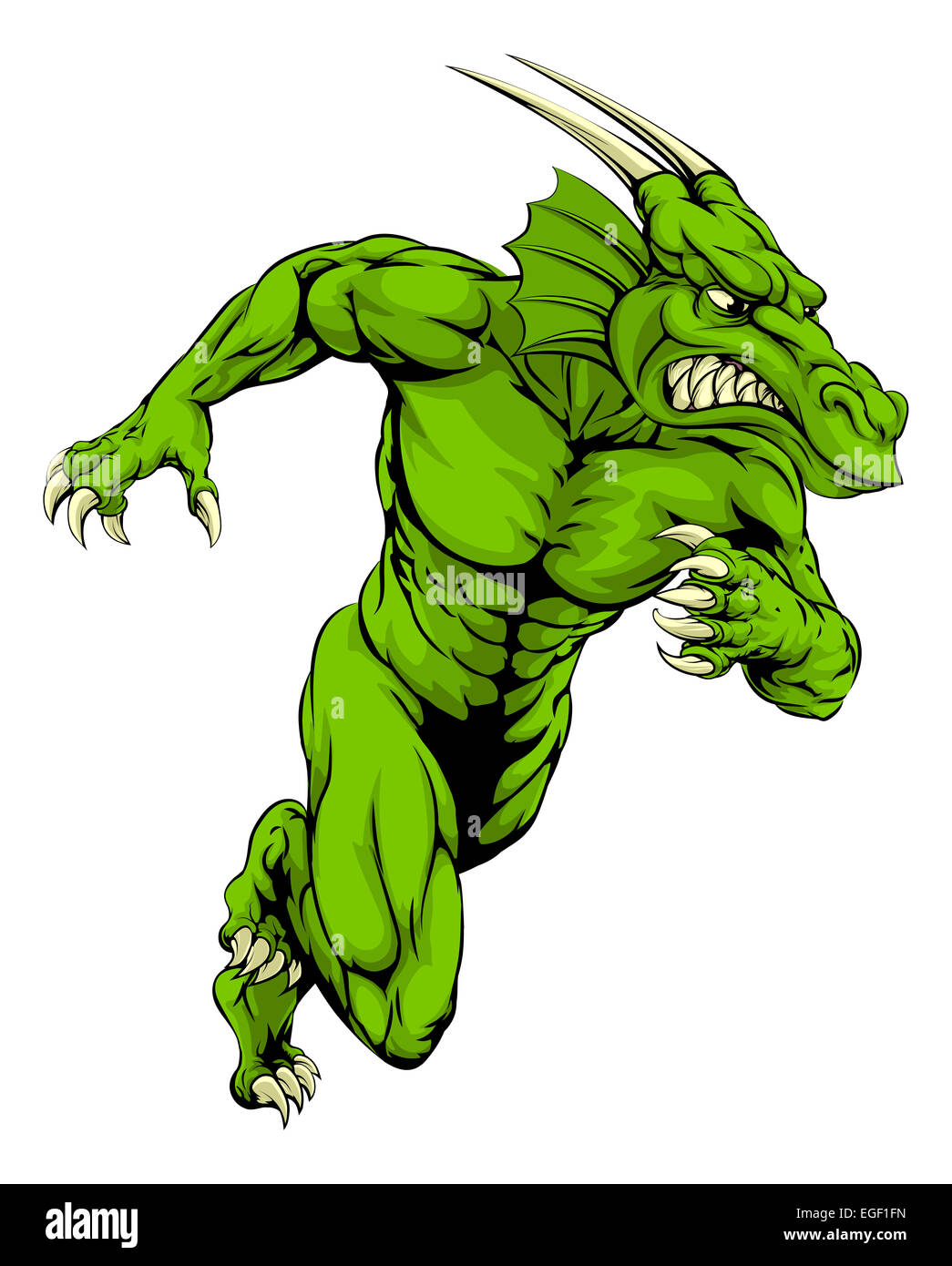 An aggressive muscular green dragon sports mascot character charging ...