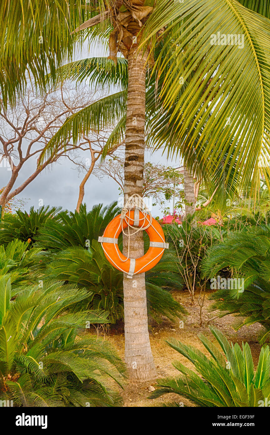 Life rings stand at the ready along the beach at a Caribbean resort ...