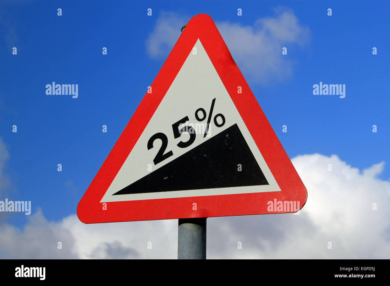 Street sign showing a 25% gradient symbolizing a sharp increase, upward ...