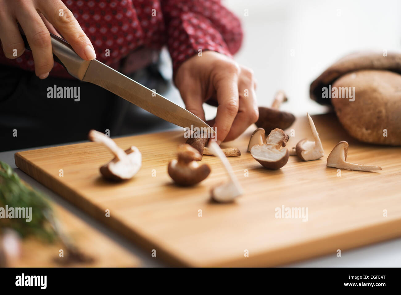 Closeup on young housewife cutting mushrooms in kitchen Stock Photo - Alamy
