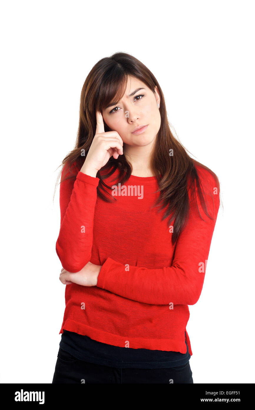 Questioning hand gesture woman in red on white background Stock Photo ...