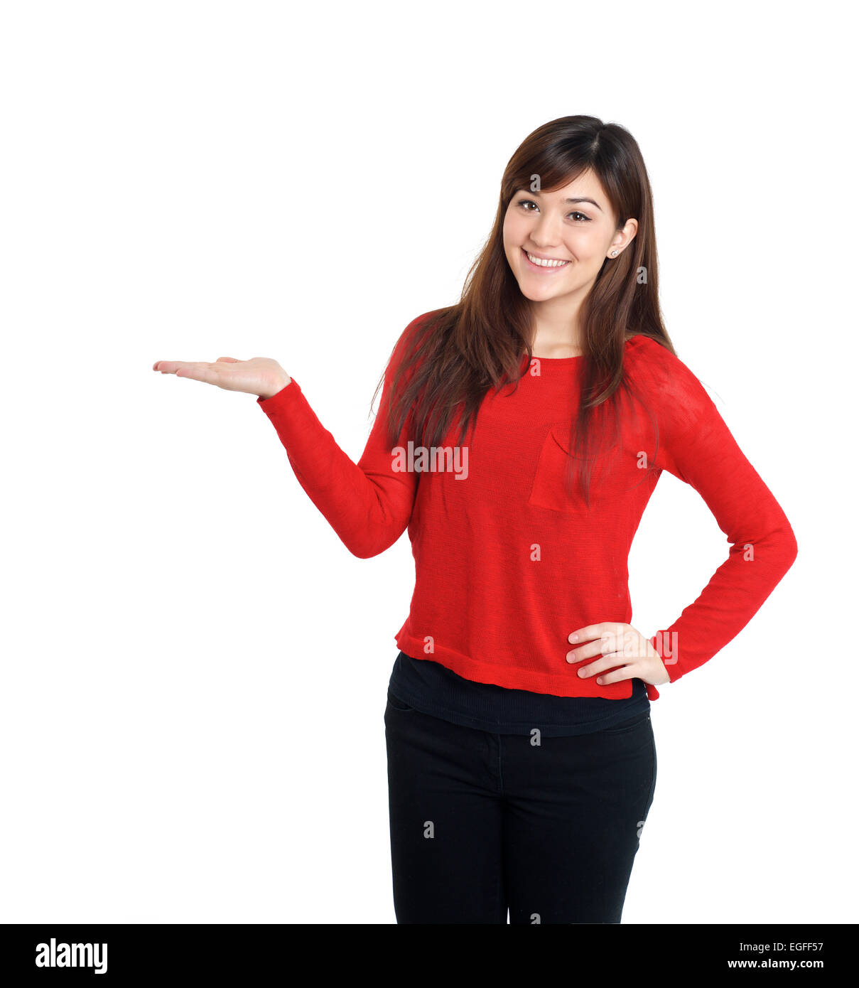 Woman holding product on white background Stock Photo - Alamy