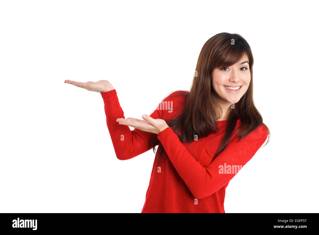 Woman presenting product on white background Stock Photo - Alamy