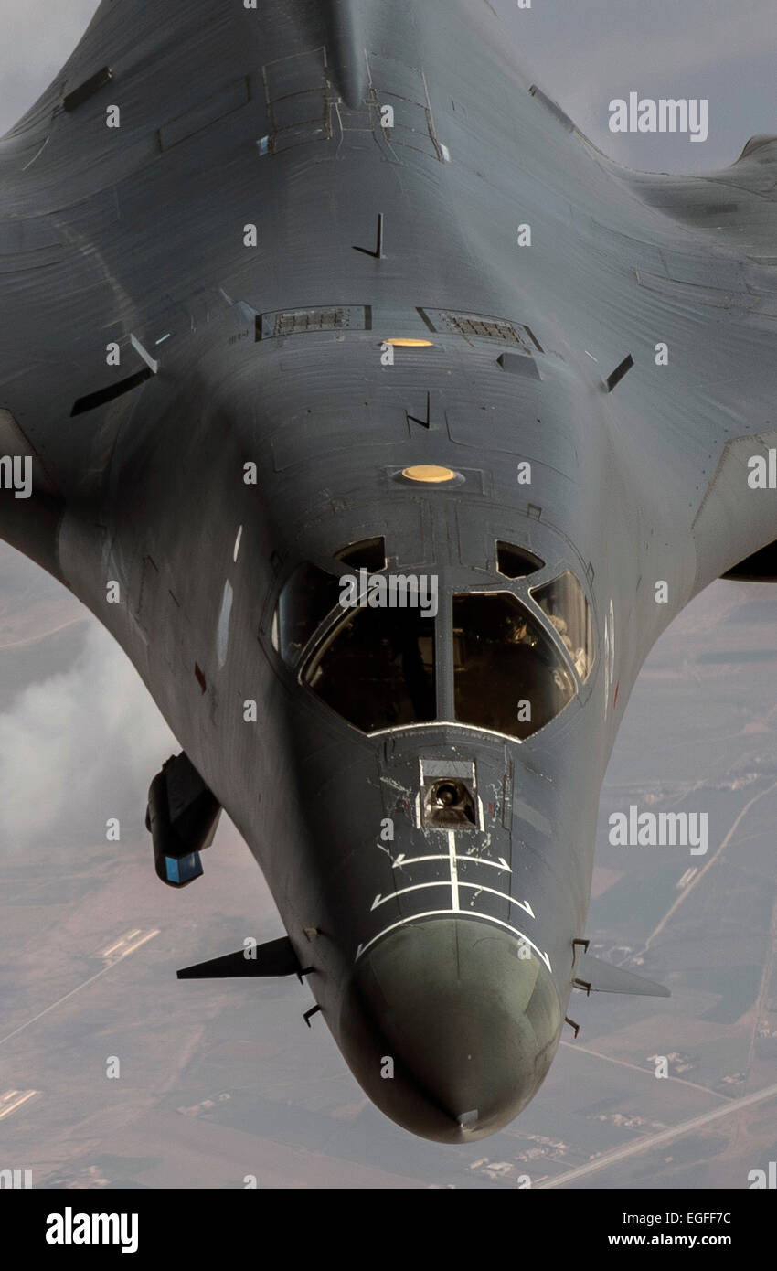 A US Air Force B-1B Lancer stealth bomber during a mission against ...