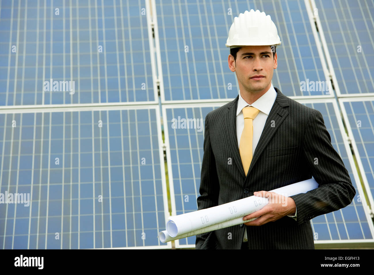 Male engineer at solar power station holding blueprints Stock Photo - Alamy