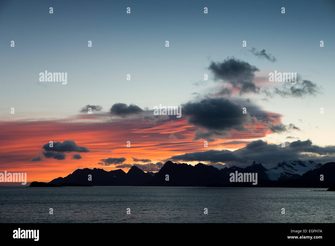 South Atlantic, South Georgia, dawn over island from Salisbury Plain ...