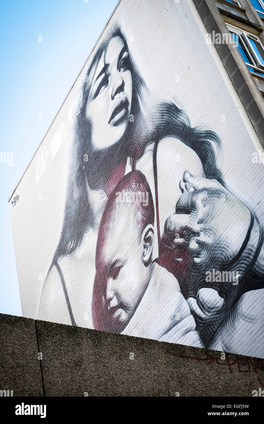 Mother and child Graffiti street art on a building in Nelson Street ...