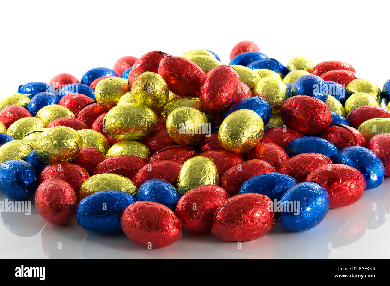 chocaolade easter eggs in red blue and yellow Stock Photo - Alamy