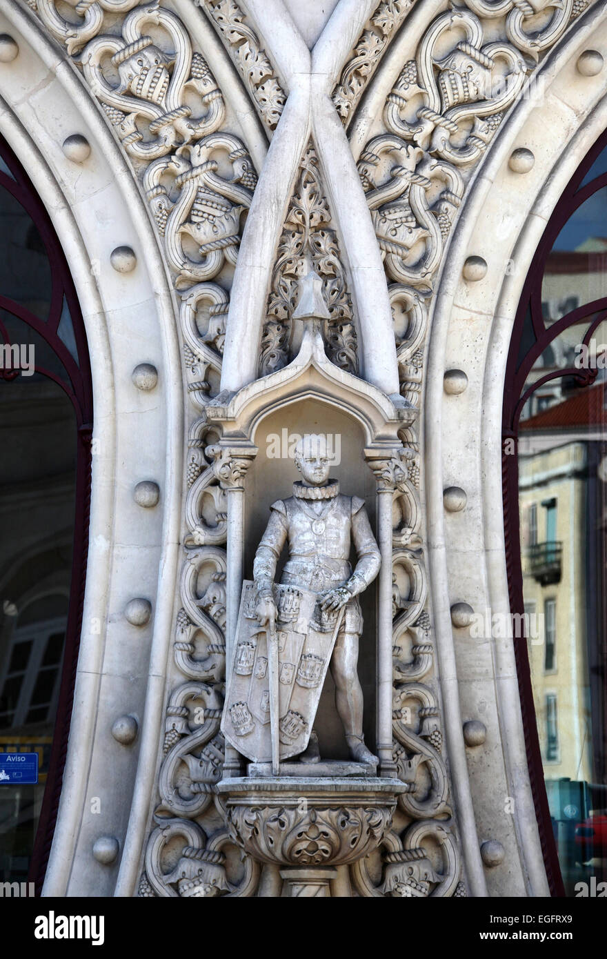 Neo- Manueline Architectural detail of Rossio Railway station in Lisbon ...