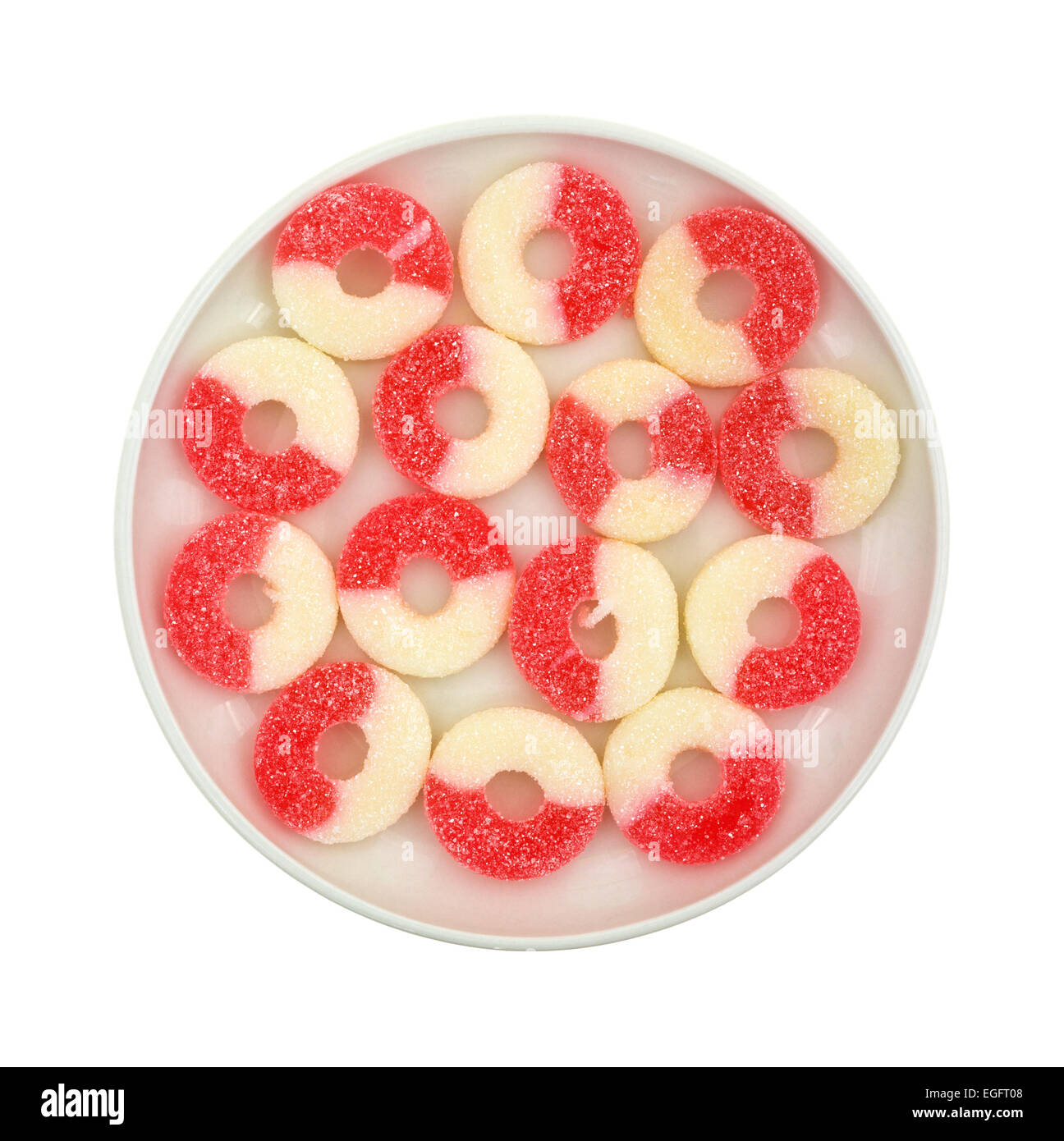 Top view of a dish with sugar coated soft watermelon flavored candy ...