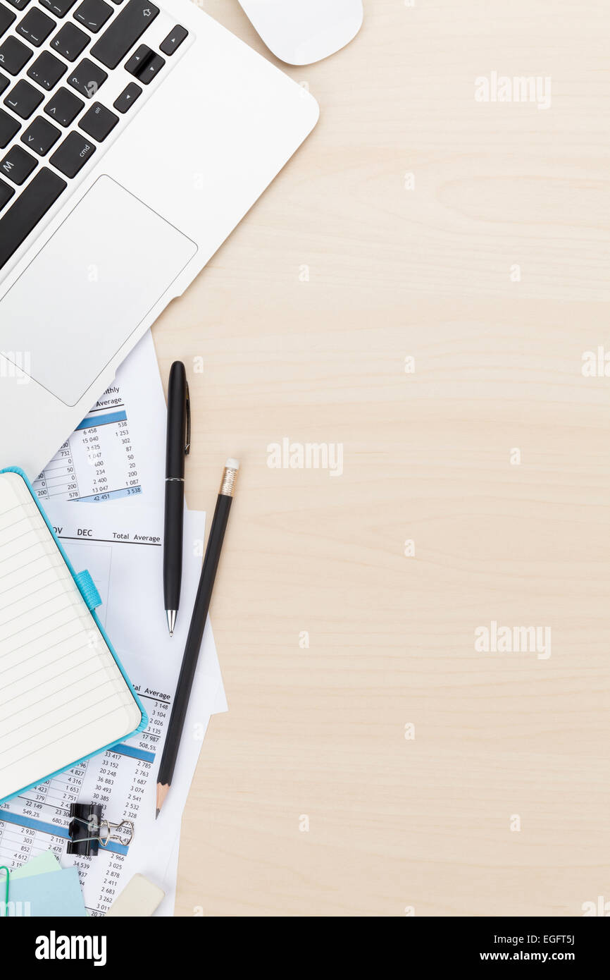 Office table with computer and supplies. View from above with copy ...