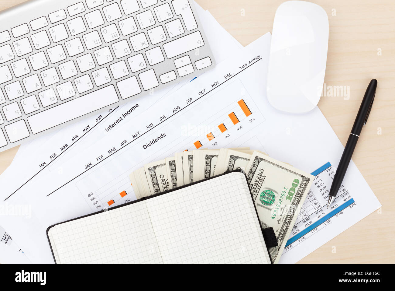 Office table with pc, supplies and money cash. View from above Stock ...
