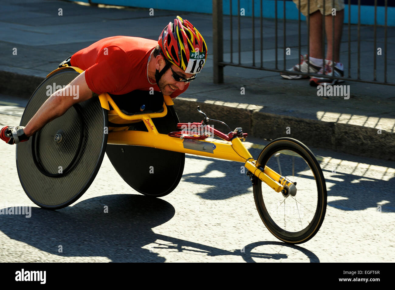 Disabled athlete taking part in the London marathon wheelchair race ...