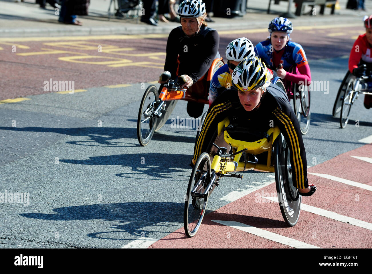 Disabled athlete taking part in the London marathon wheelchair race ...