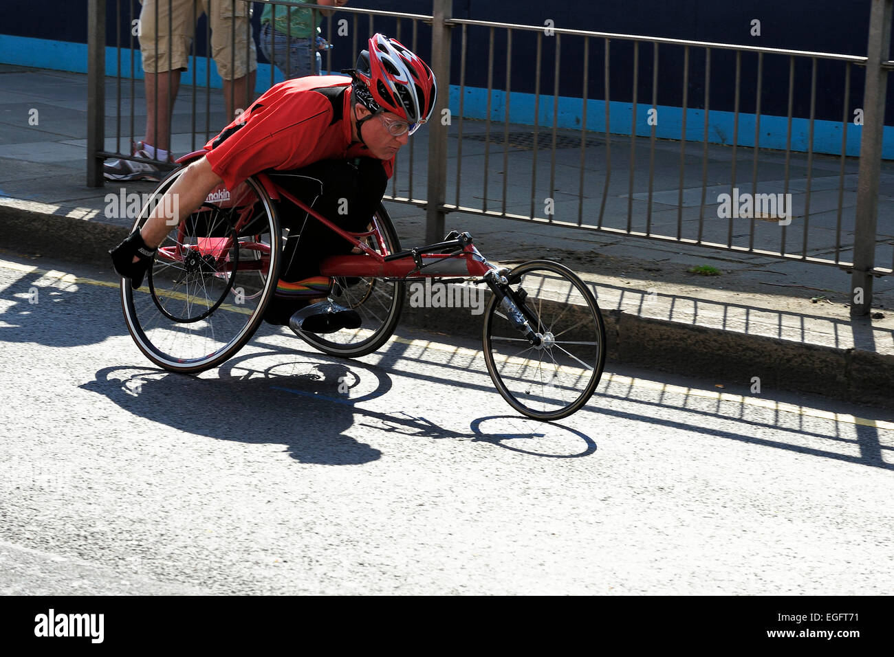 Disabled athlete taking part in the London marathon wheelchair race ...