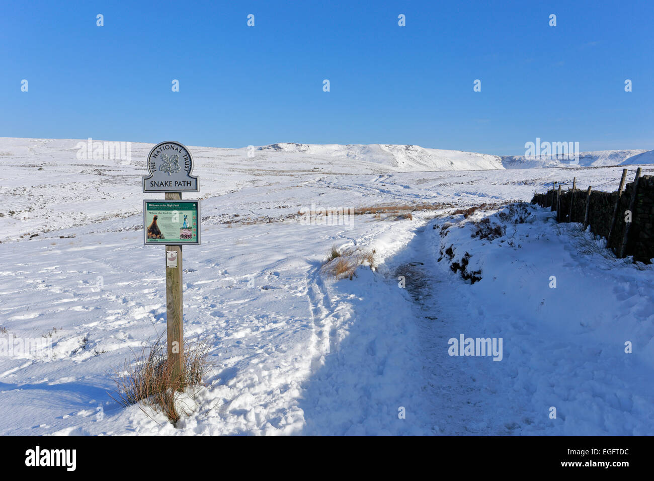 Snake Path National Trust sign in winter snow above Hayfield and Kinder ...