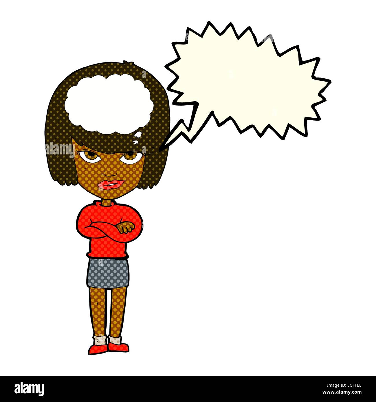 cartoon woman with folded arms imagining with speech bubble Stock ...