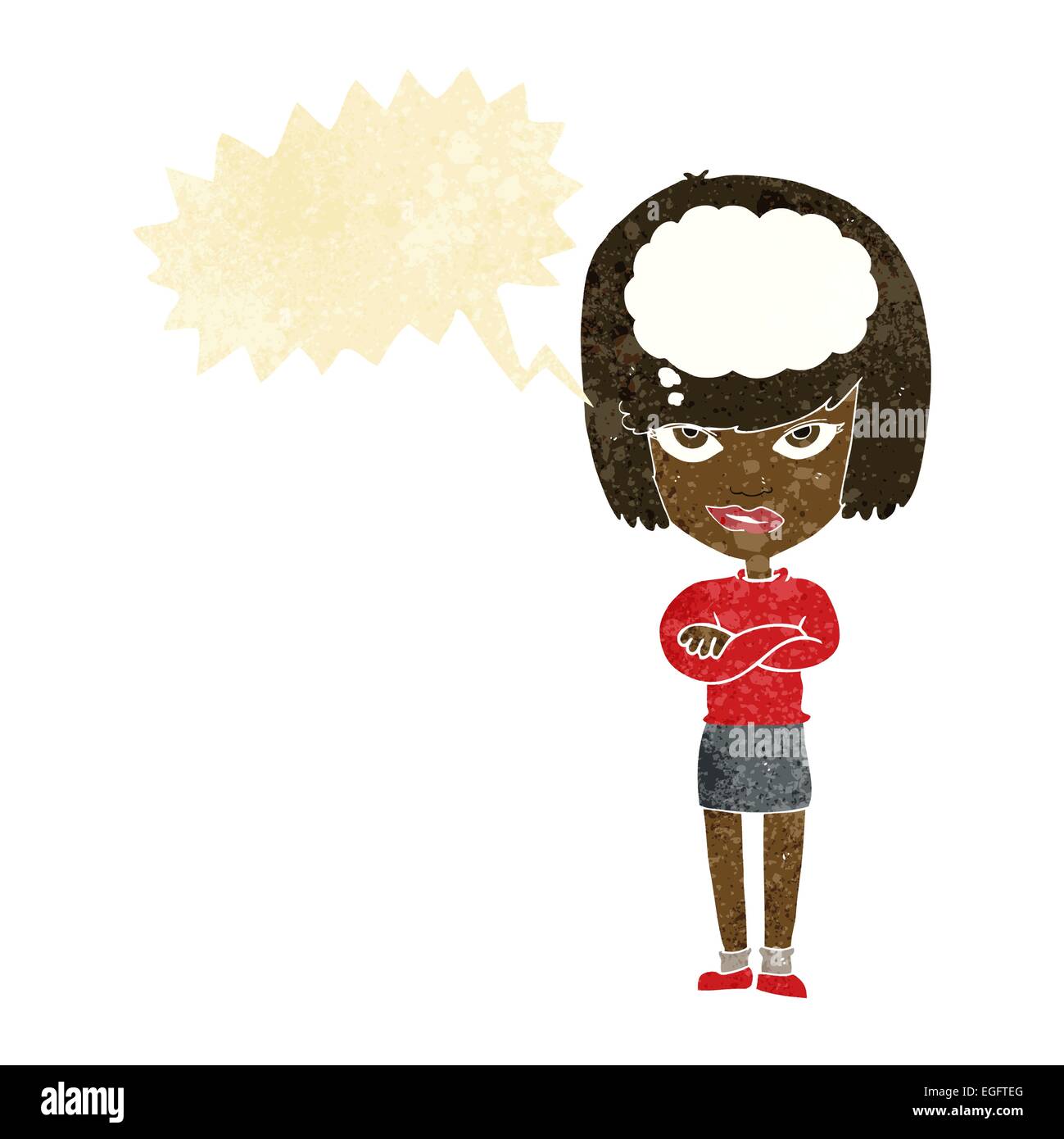 cartoon woman with folded arms imagining with speech bubble Stock ...