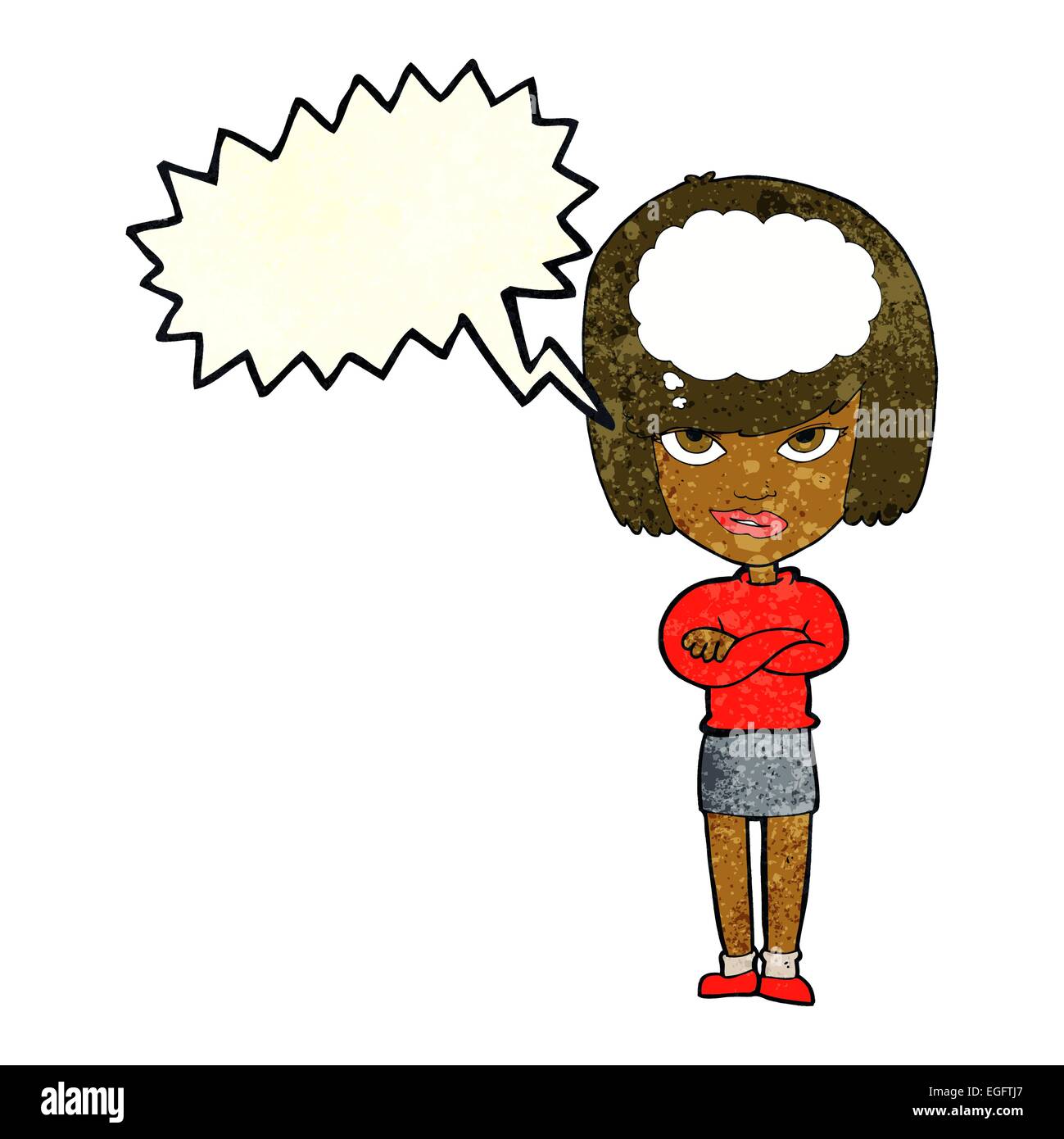 cartoon woman with folded arms imagining with speech bubble Stock ...