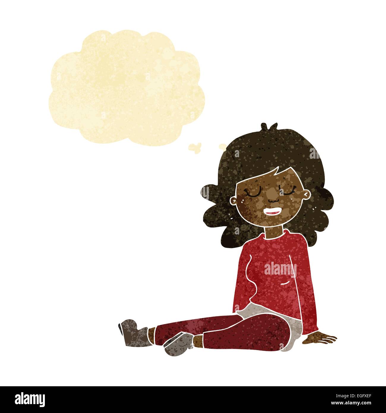 cartoon happy woman sitting on floor with thought bubble Stock Vector ...