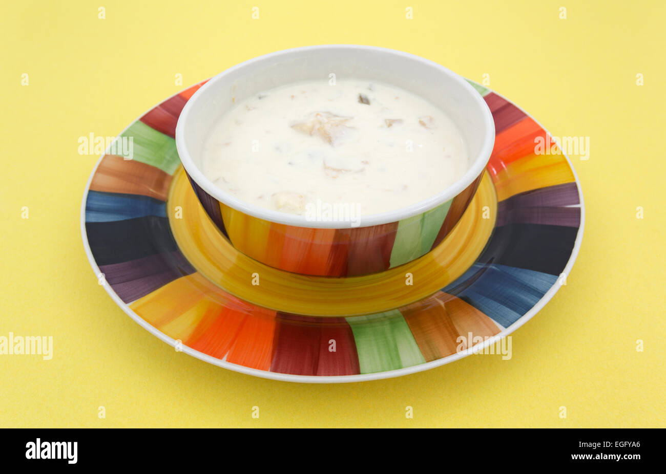 A bowl of clam chowder with potatoes in a colorful bowl atop a plate on ...