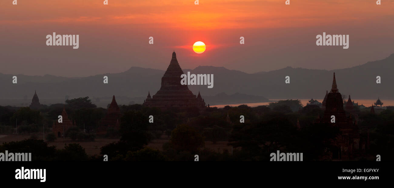 Panoramic image of the temples of Bagan at sunset, Bagan, Myanmar ...
