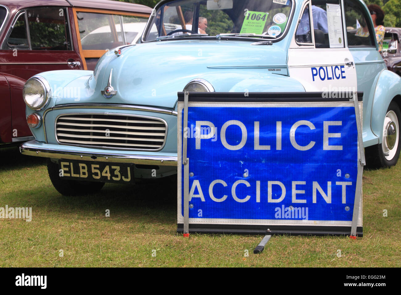'Police Accident' sign with a classic Morris Minor police car at a car ...