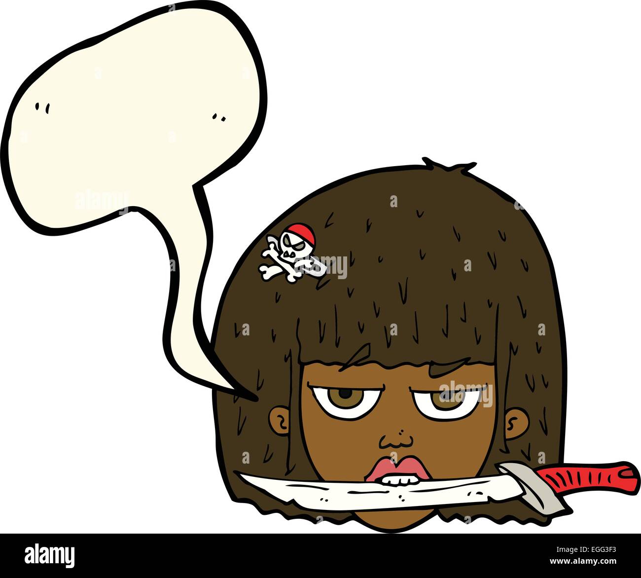 cartoon woman holding knife between teeth with speech bubble Stock ...