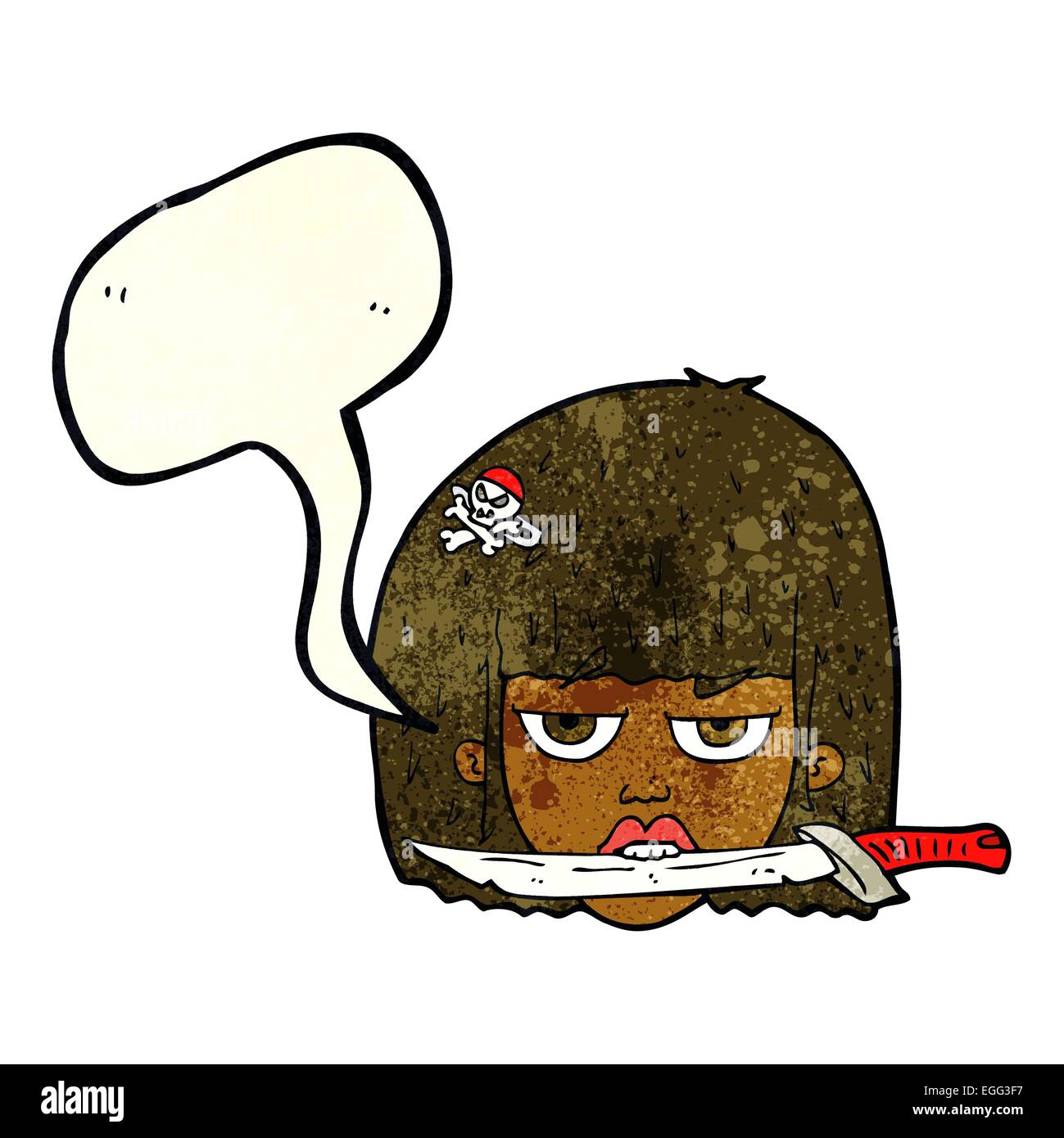 cartoon woman holding knife between teeth with speech bubble Stock ...