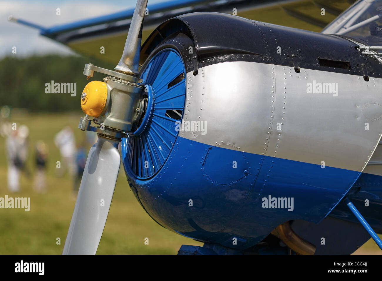 Fragment of an aircraft fuselage with a propeller engine. Shallow depth ...