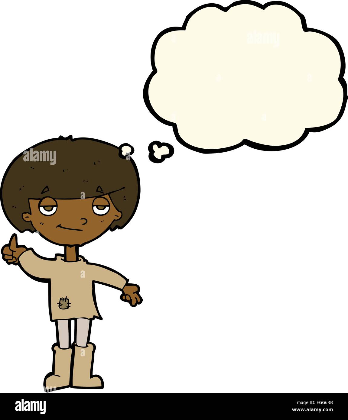 cartoon boy in poor clothing giving thumbs up symbol with thought ...