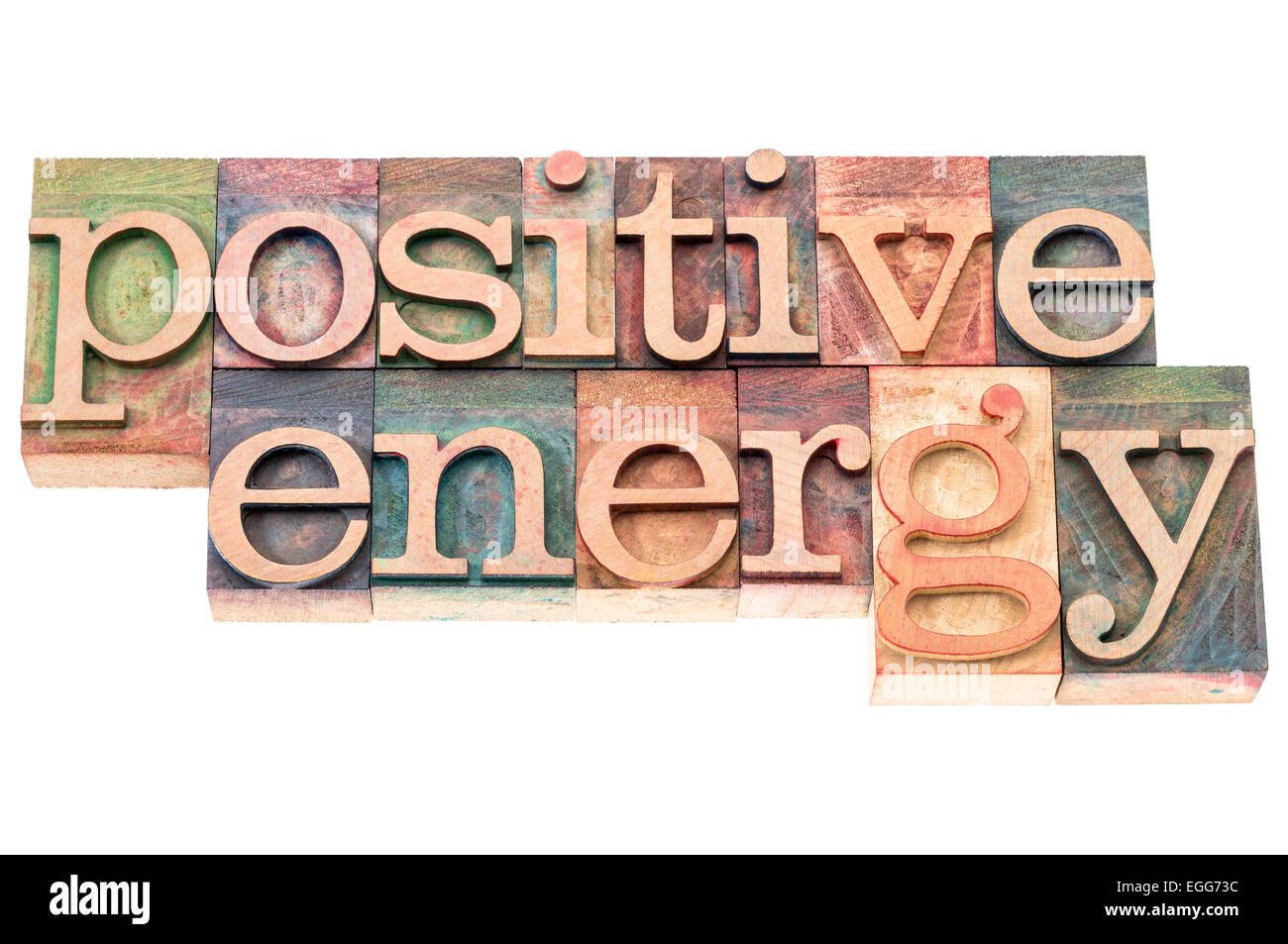 positive energy typography - isolated text in letterpress wood type ...