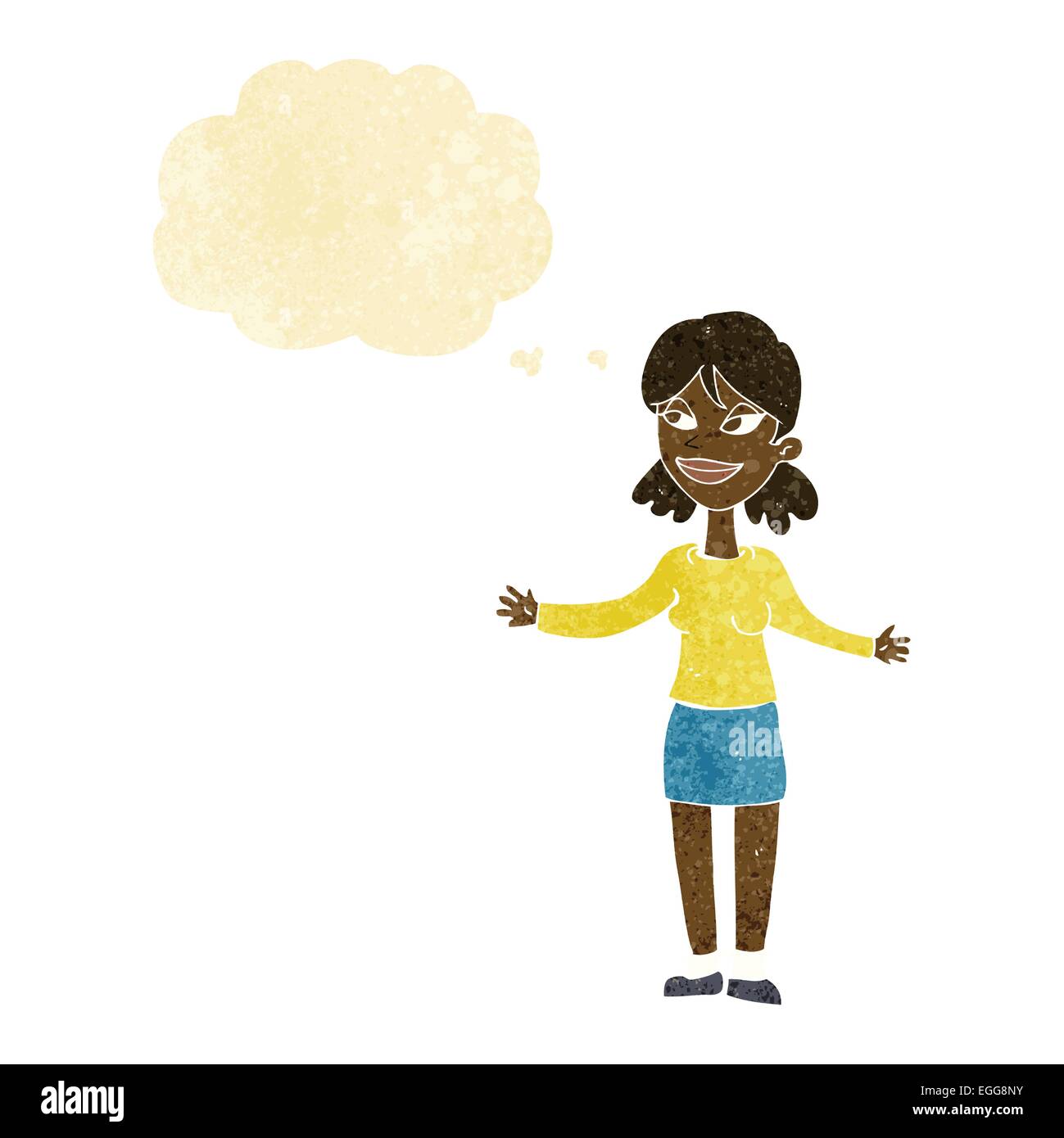 cartoon happy woman shrugging shoulders with thought bubble Stock ...