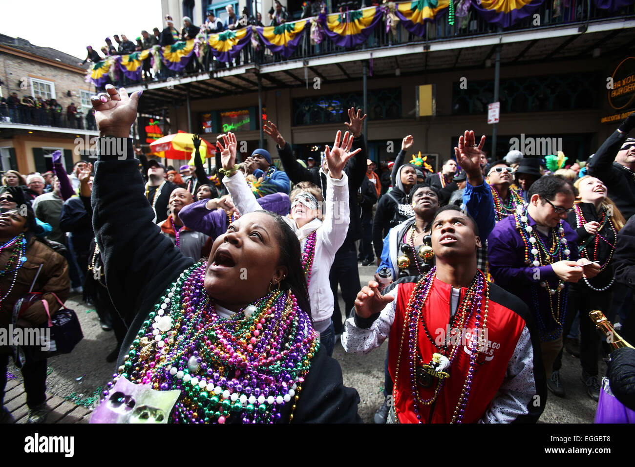 New Orleans, LOUISIANA, USA. 17th Feb, 2015. People yell for beads on ...