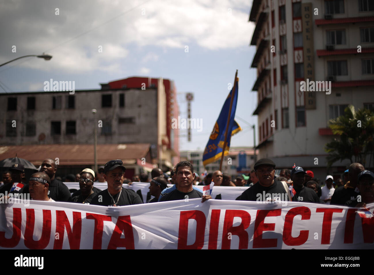 Panama City, Panama. 24th Feb, 2015. Panama Canal workers hold a banner ...