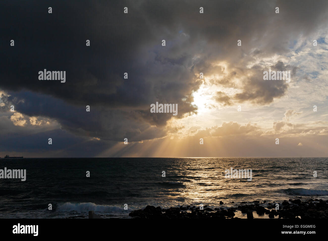Dramatic Light with Sun Rays and Heavy Clouds above Mediterranean Sea ...