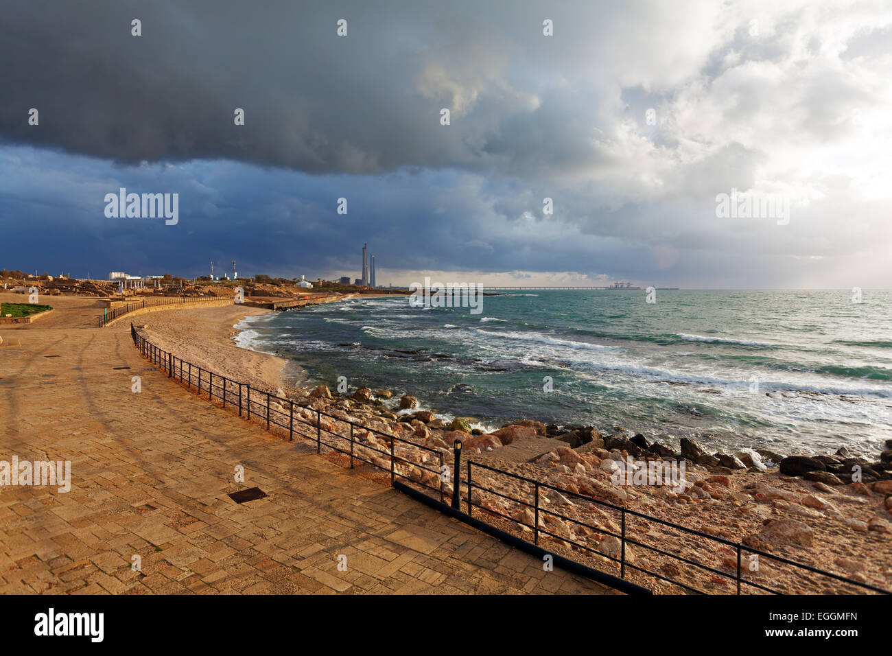 Sea Coast and Ruins of Caesarea Maritima before Sunset, Israel Stock ...