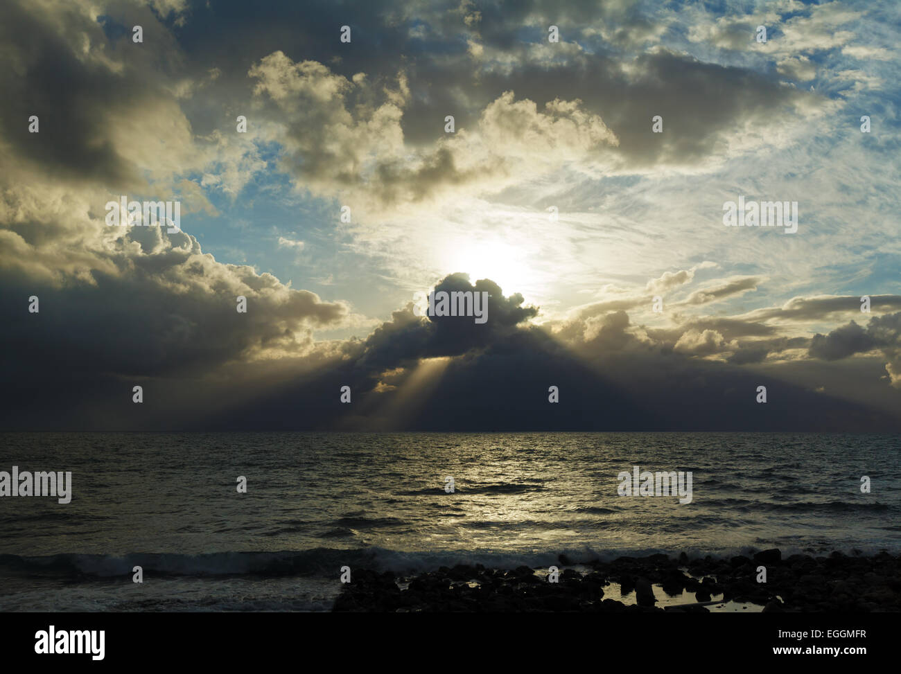 Dramatic Light with Sun Rays and Heavy Clouds above Mediterranean Sea ...